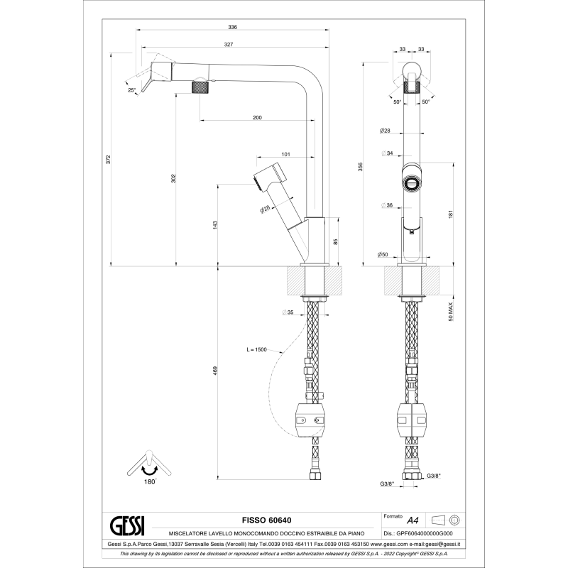 GESSI – FISSO Bateria jednouchwytowa z wyciąganą wylewką 60640.031, Chrom